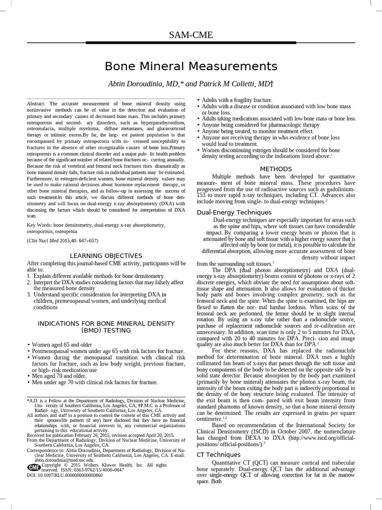 Bone Mineral Measurements | PDF | Osteoporosis | Musculoskeletal System