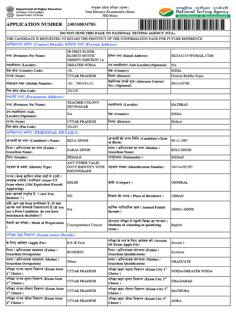 JEE Main 2024 Application Confirmation | PDF