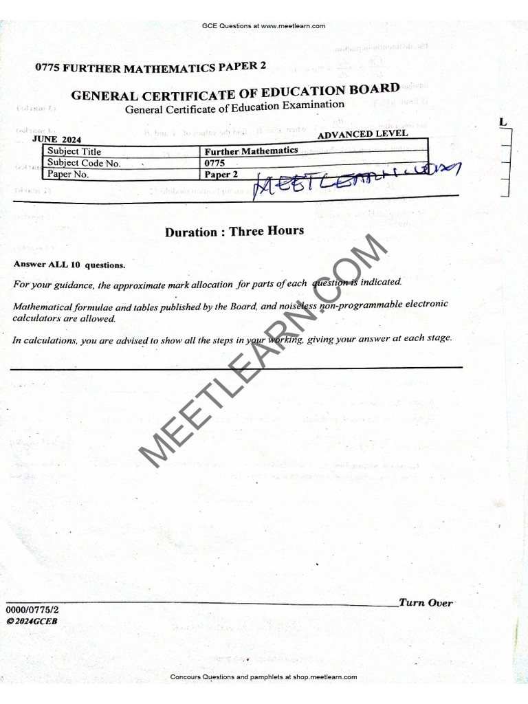 GCE A Level 2024 MeetLearn Further Maths Paper 2 | PDF
