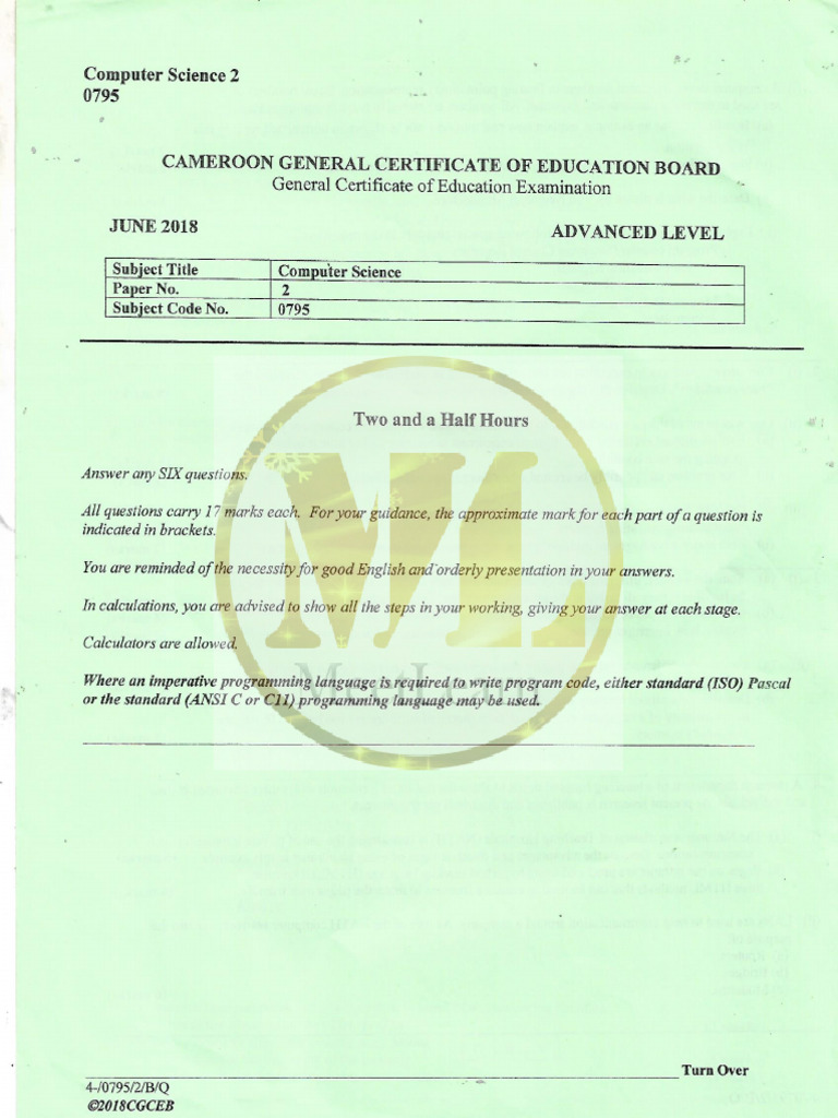 Gce Computer Advanced Level Paper 2 2018 | PDF