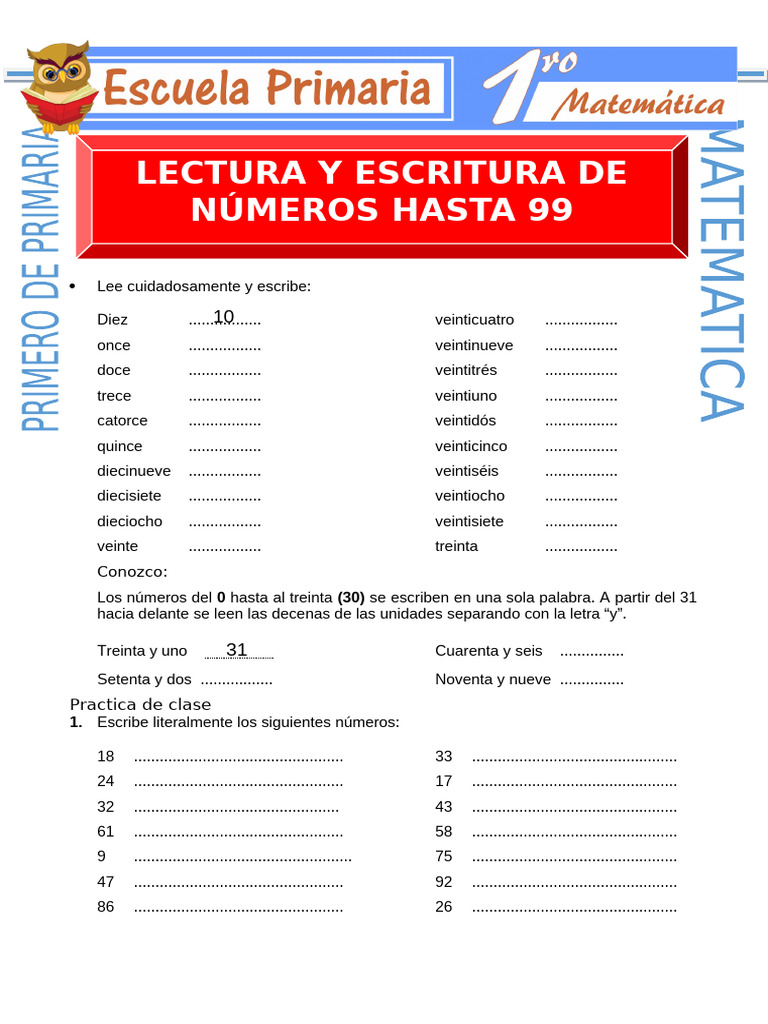 Lectura y Escritura de Números Hasta 99 Para Primero de Primaria | PDF