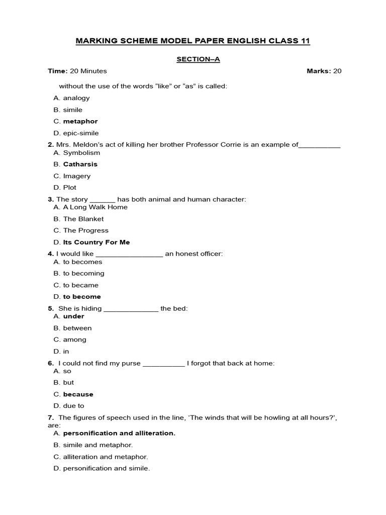 Class 11 English Marking Scheme Guide | PDF | Noun | Verb
