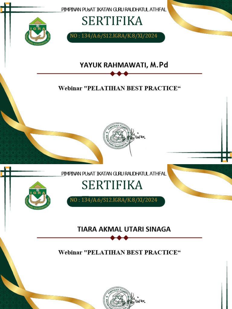 SERTIFIKAT Pelatihan Best Practice Aiko | PDF