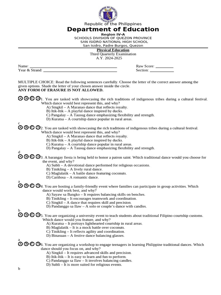 Pe Exam G12-3q-2ndsem With Answers | PDF | Physical Fitness | Strength Training