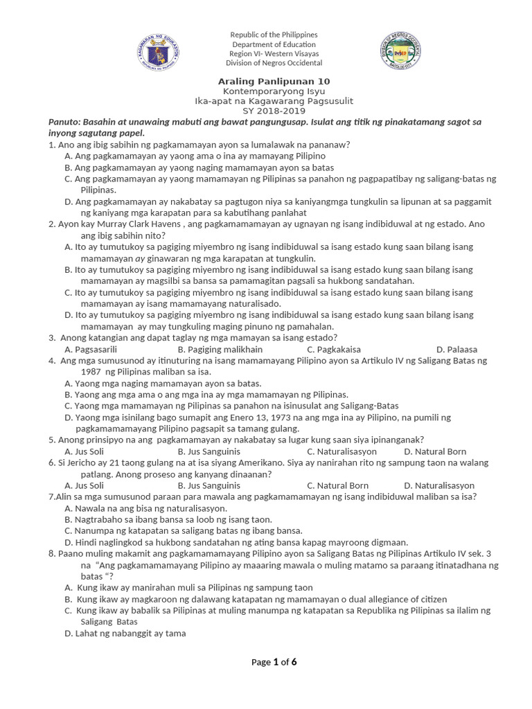Grade 10 AP Q 4 SY 18-19 - TQ | PDF