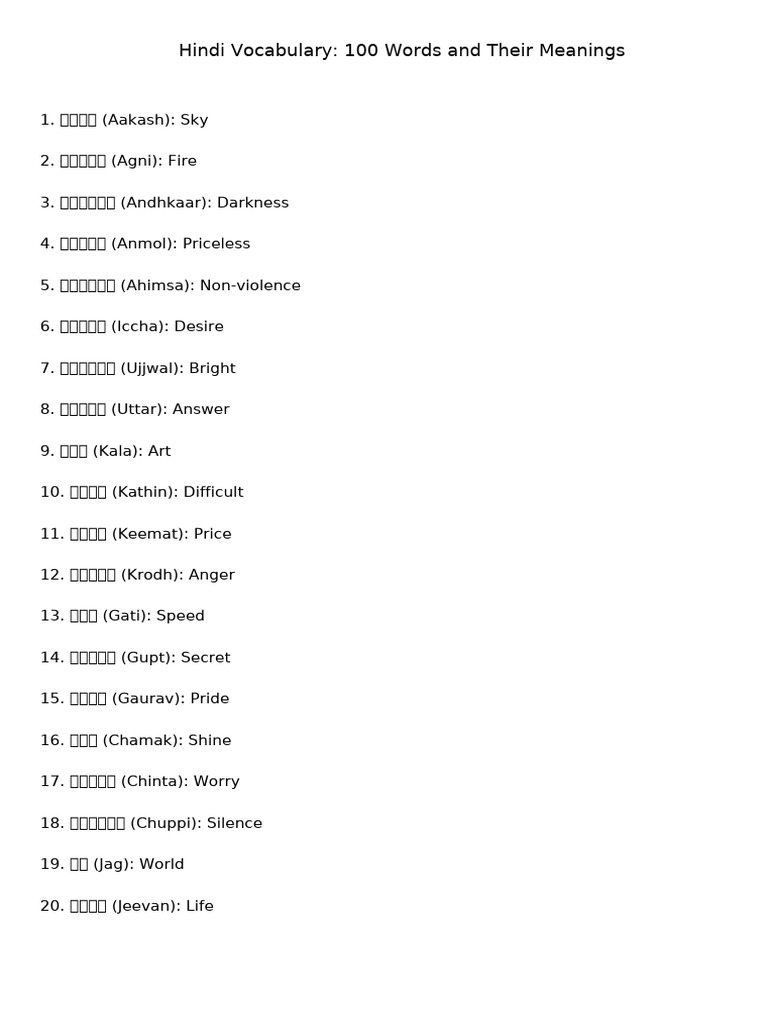 Hindi Vocabulary 100 Words | PDF