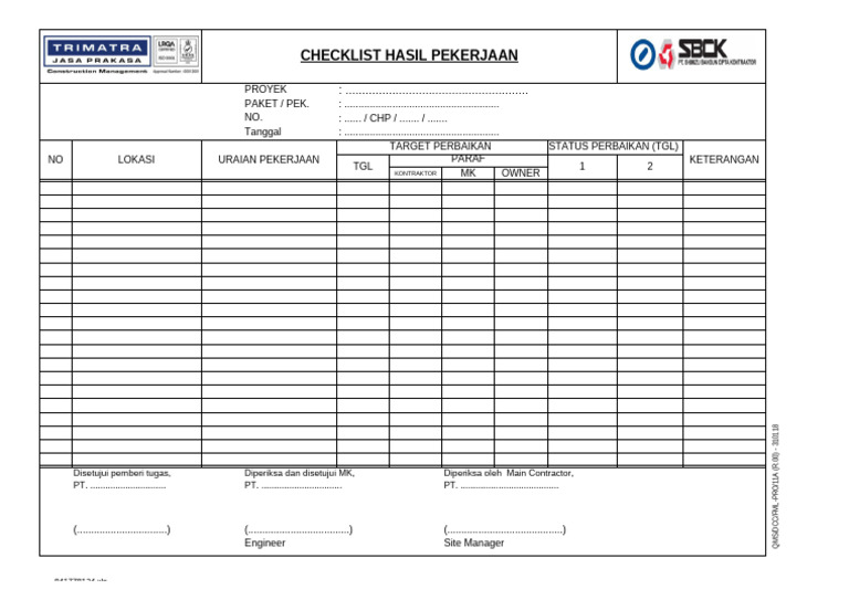 QMS.DCC.FML-PRO.11A - Checklist Hasil Pekerjaan (R.00) - 310118 | PDF
