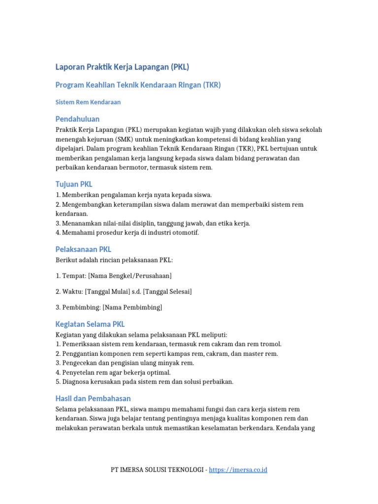 Contoh Laporan PKL SMK TKR Sistem Rem | PDF