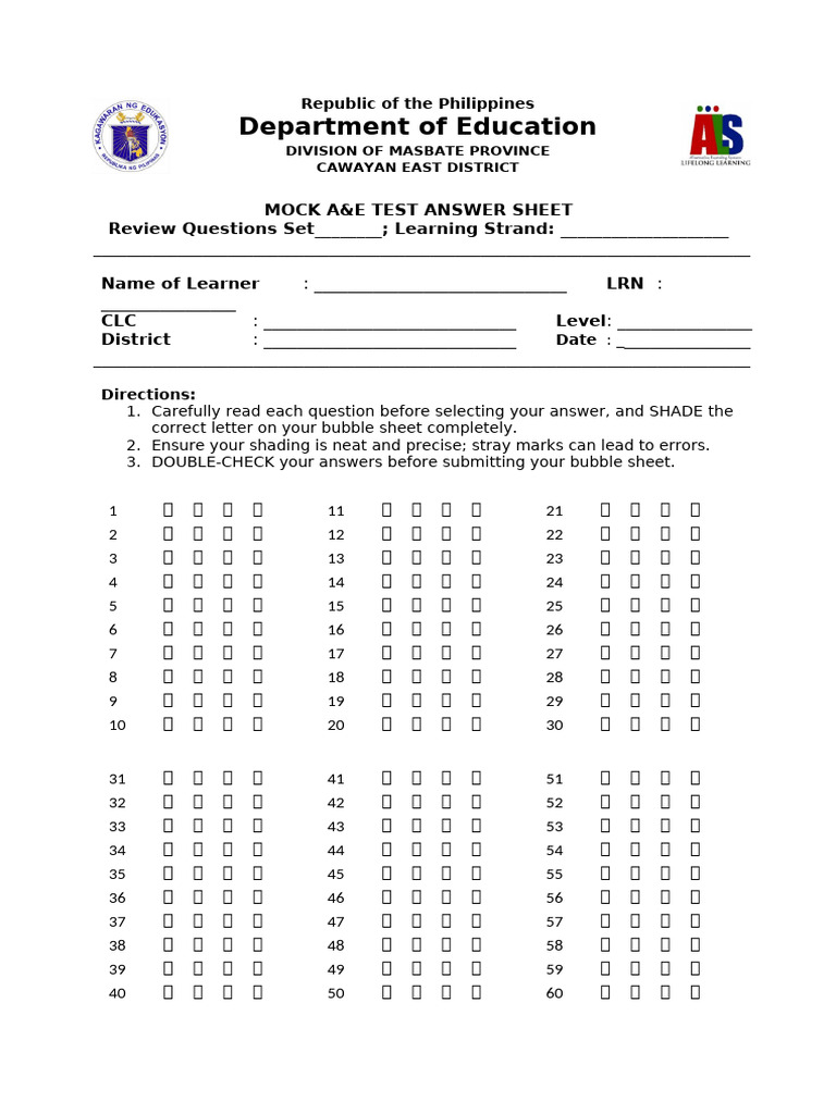 Mock A&E Test Answer Sheet | PDF | Learning | Cognition
