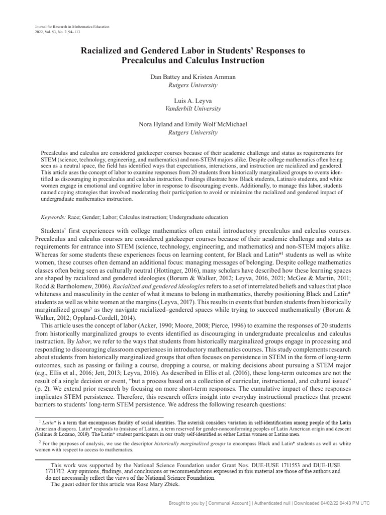 Racialized and Gendered Labor in Mathematics Instruction Teacher ...