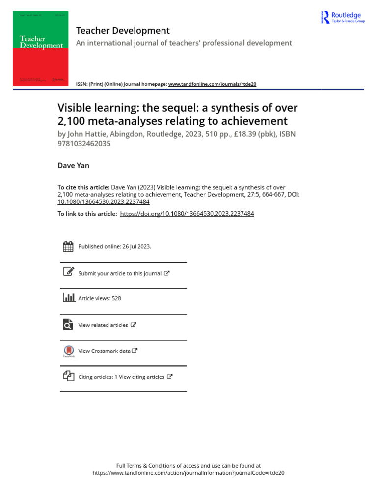 Visible Learning The Sequel A Synthesis Of Over 2 100 Meta Analyses Relating To Achievement