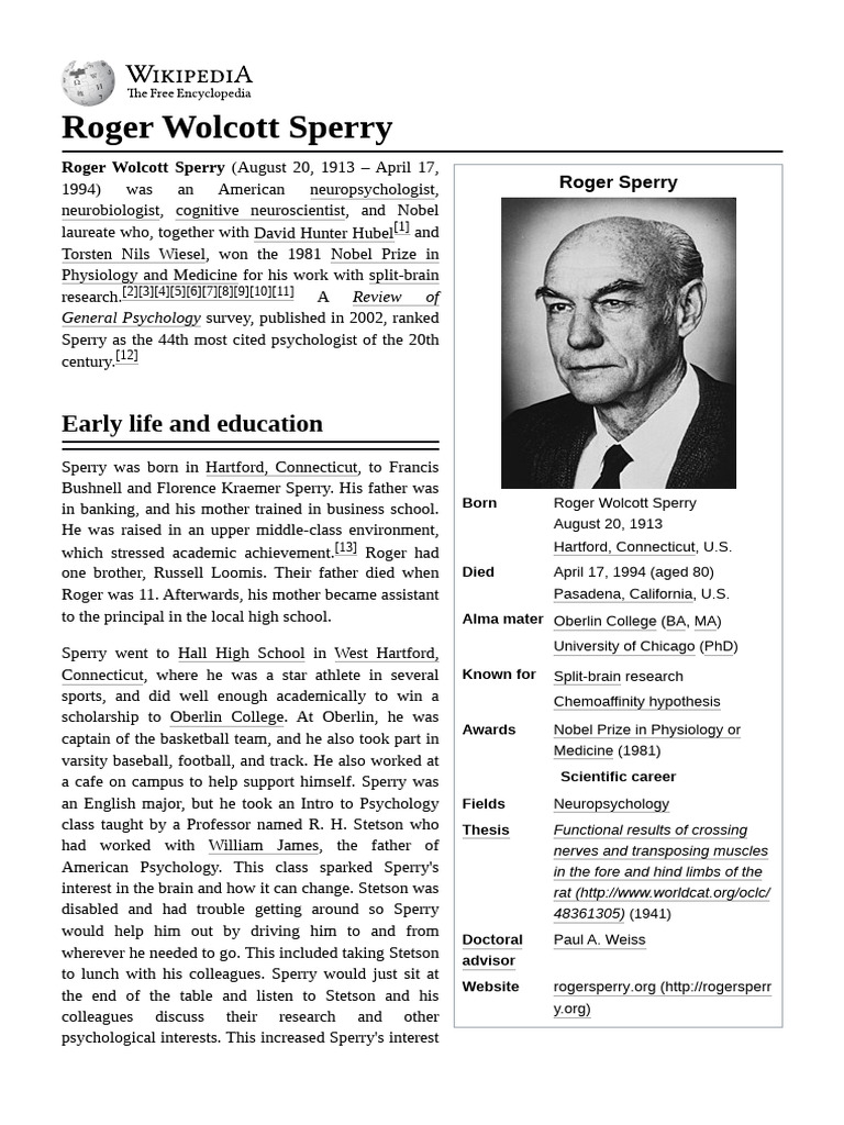 Roger_Wolcott_Sperry | PDF | Lateralization Of Brain Function ...