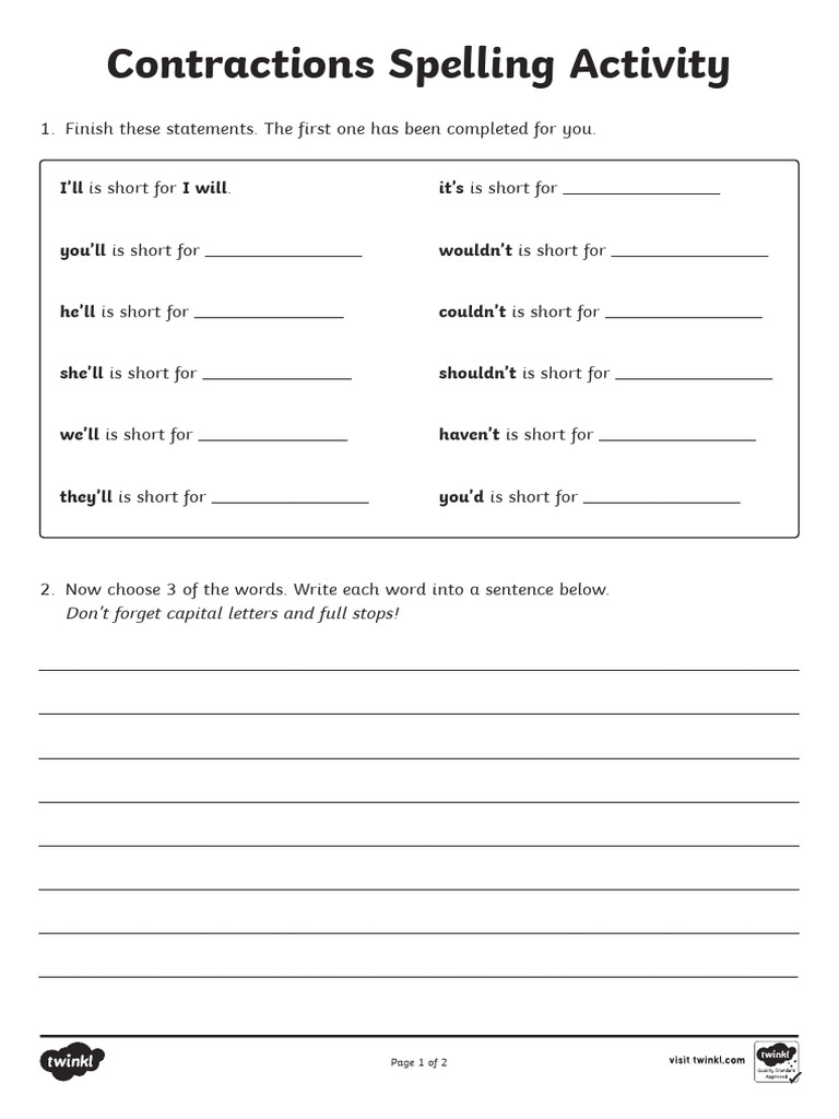Contractions Spelling Activity | PDF | Grammar | Linguistics