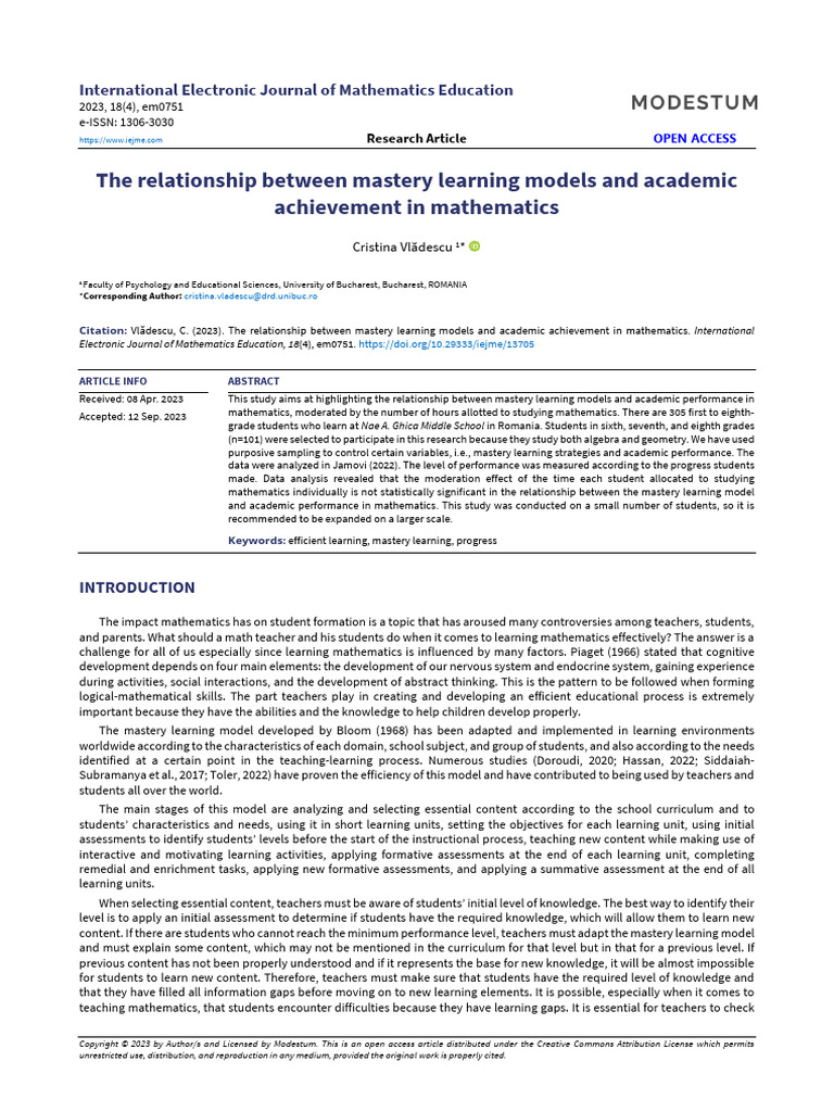 (2023) The Relationship Between Mastery Learning Models and Academic ...