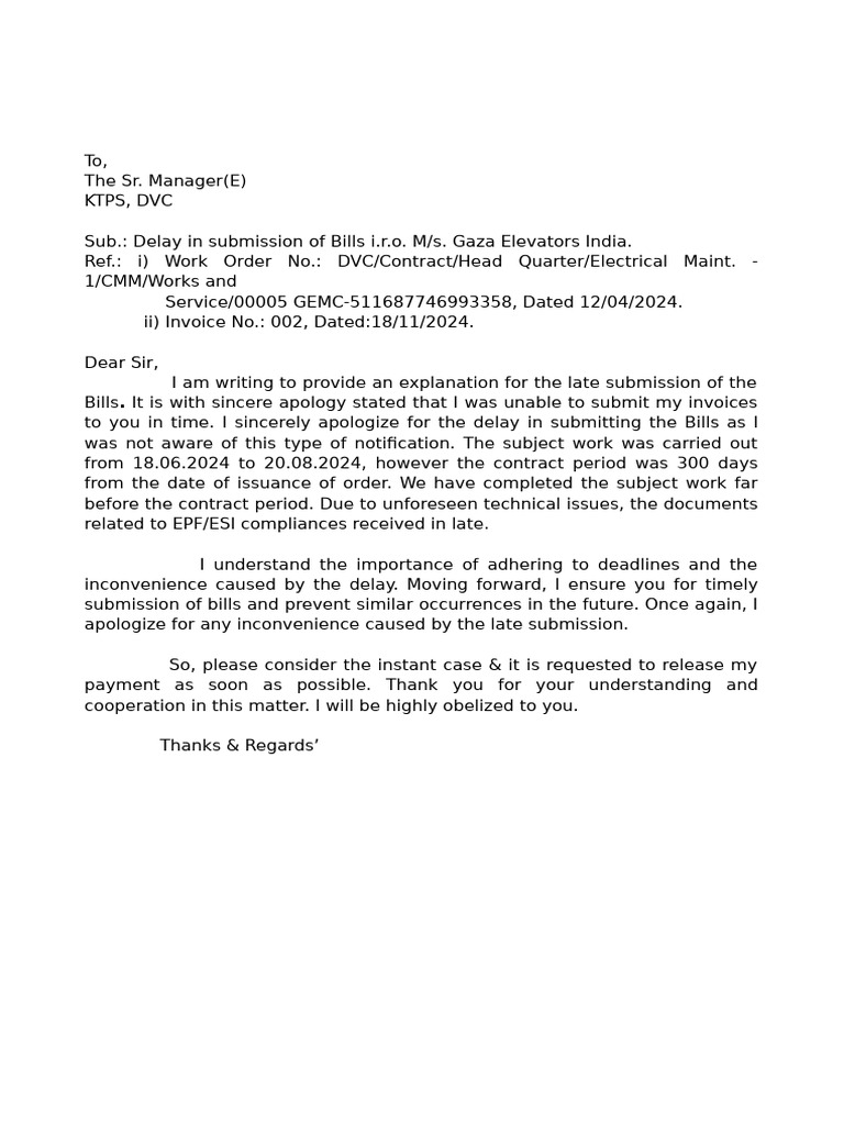 Apology for Late Bill Submission | PDF