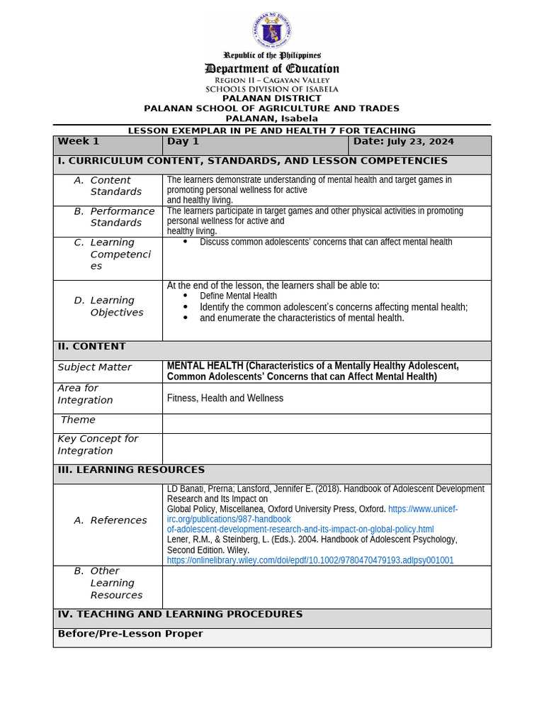 Lesson Exemplar Template Matatag 095146 | PDF | Mental Health | Adolescence