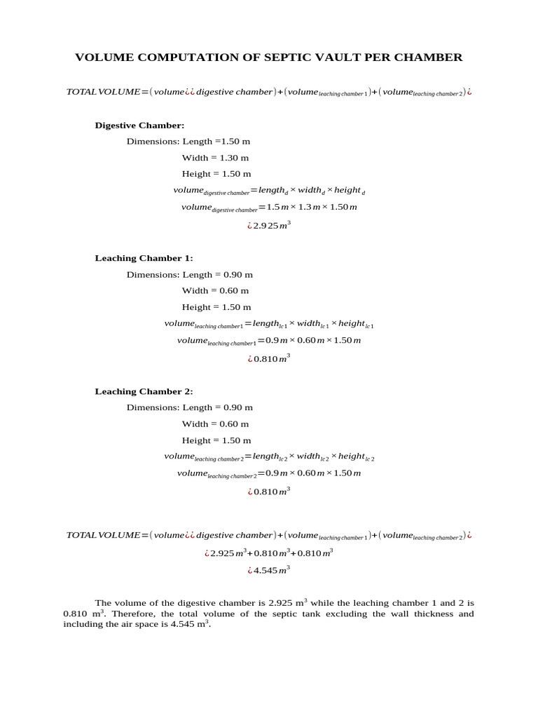 Computation of The Effective Volume of Septic Tank Per Chamber | PDF