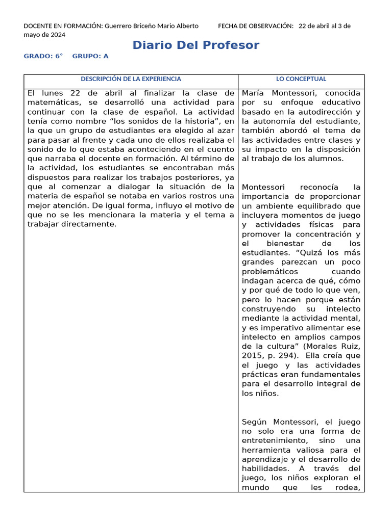 DIARIO DEL PROFESOR Ejemplo | PDF | Aprendizaje | Maestros