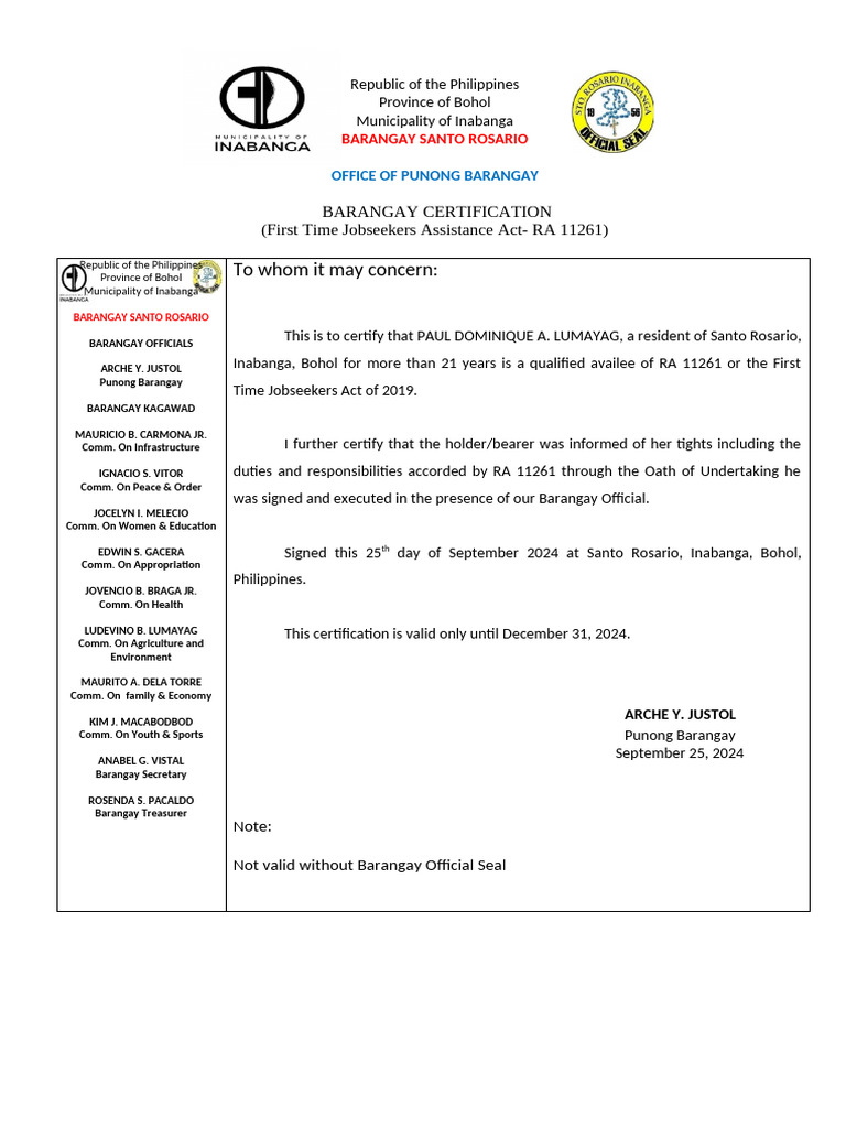 First Time Job Seekers Certificate | PDF