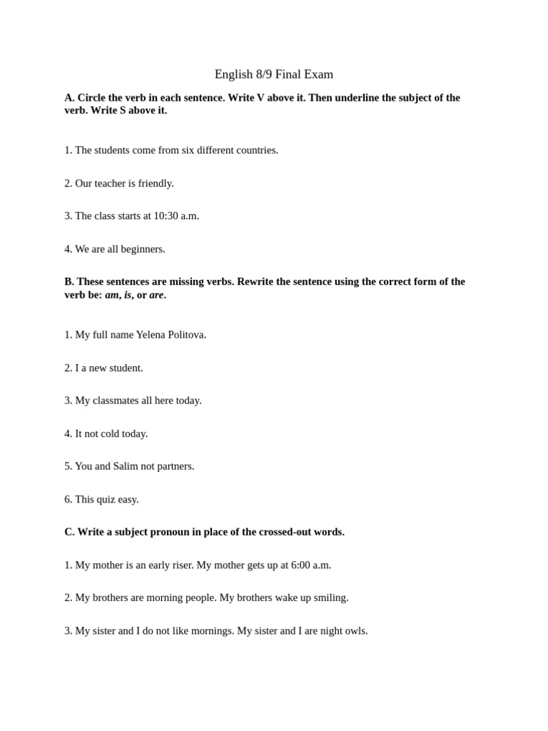 Final Exam English 8 and 9 English Answers | PDF | Subject (Grammar ...