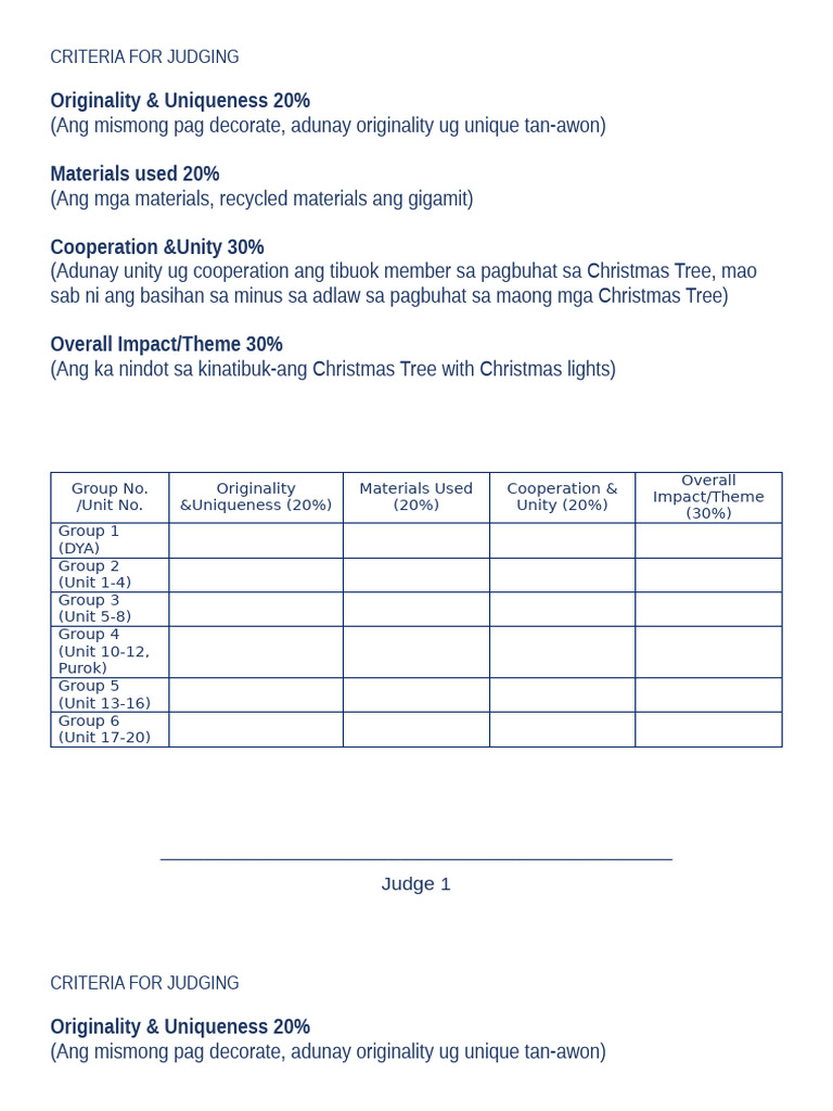 CRITERIA FOR JUDGING (TABULATION SHEETS) | PDF