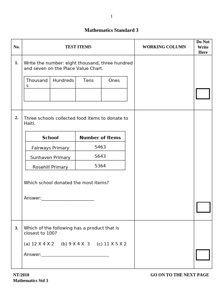 NT2010 Math STD 3 Test | PDF | Volume