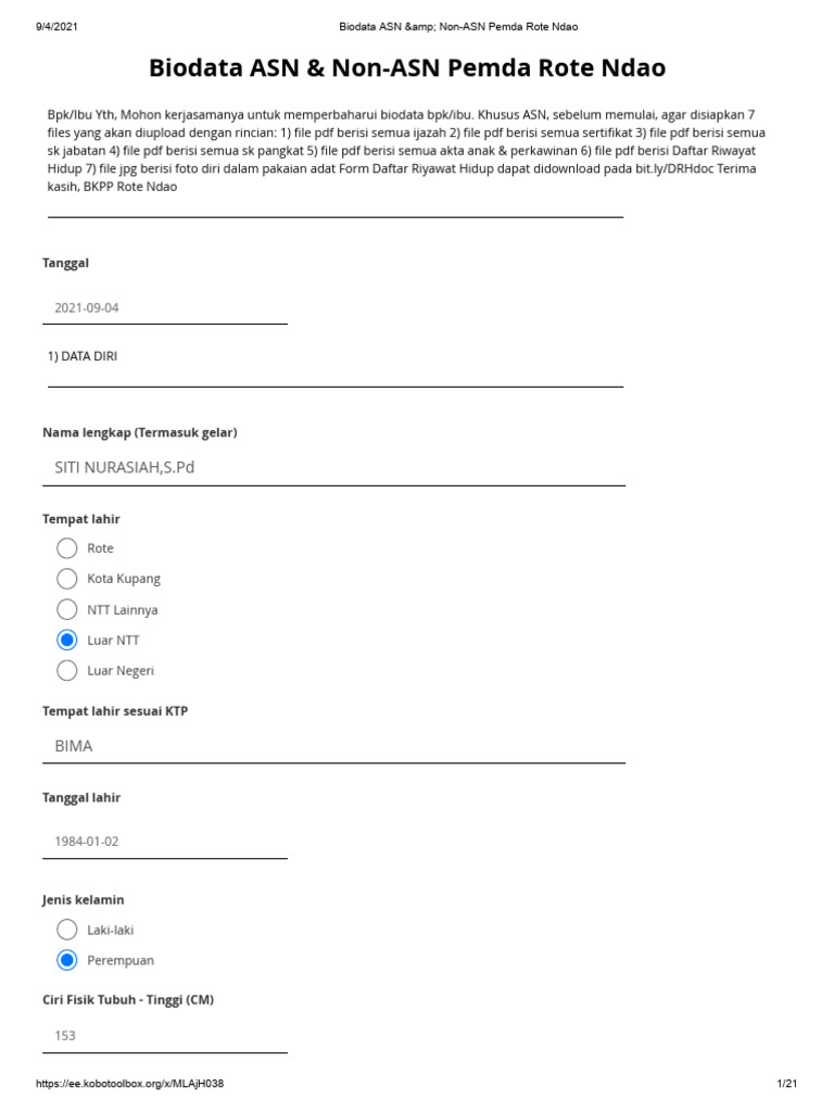 Biodata ASN & Non-ASN Pemda Rote Ndao - pdfiBU SITI | PDF