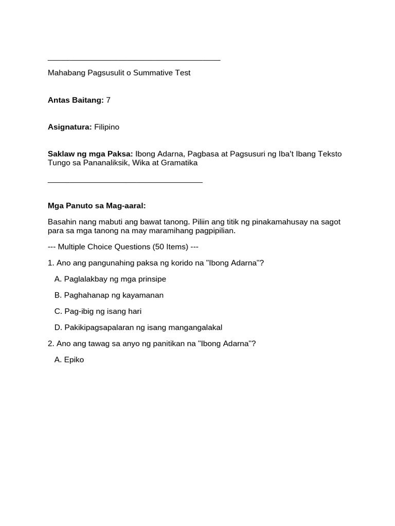 Summative Test Filipino-1 | PDF