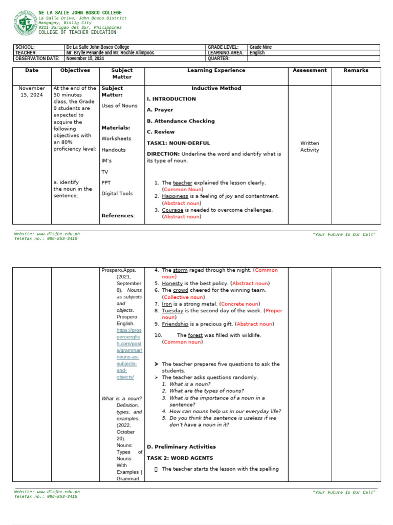 Uses of Nouns LP Original | PDF | Verb | Subject (Grammar)