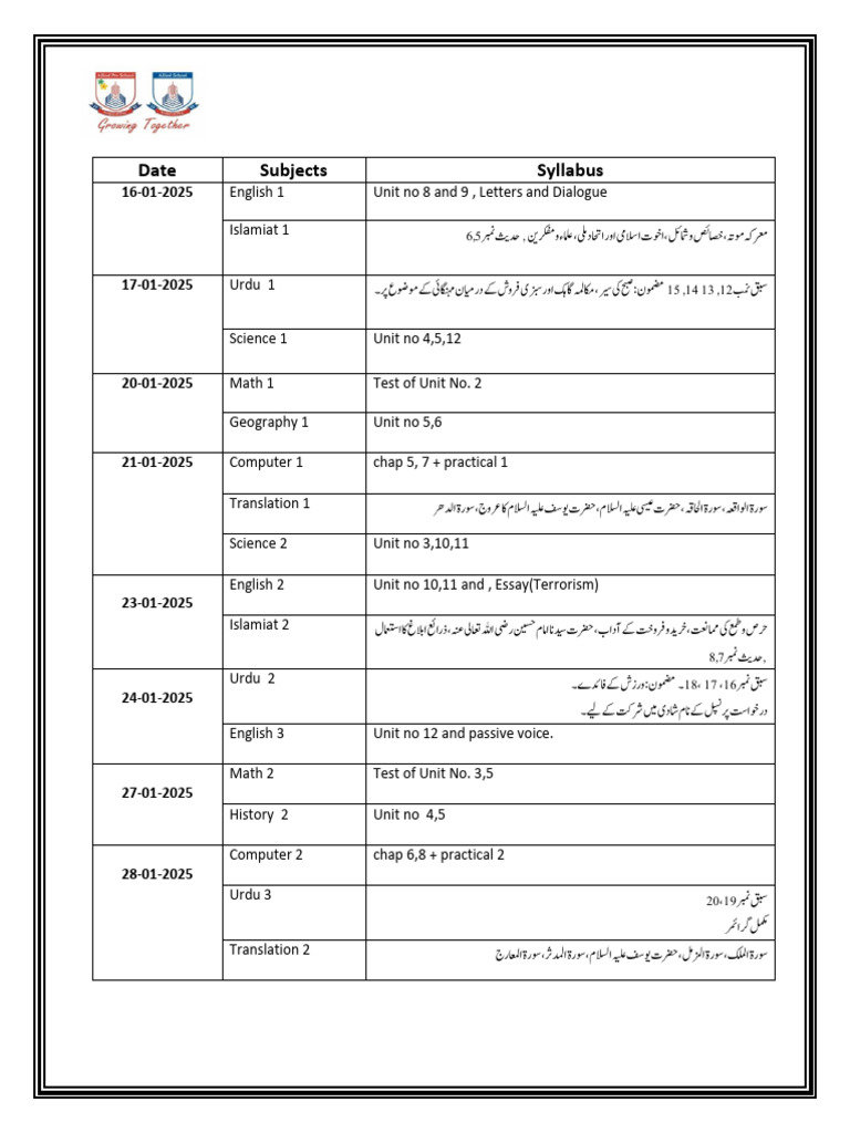 Class Eight Test Schedule | PDF