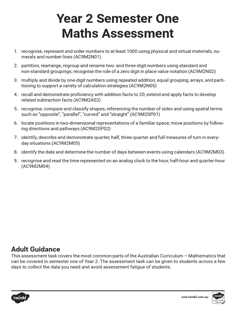 Year Two Semester One Maths Assessment | PDF | Numbers | Shape