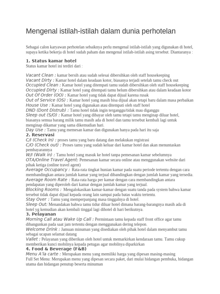 Mengenal Istilah-Istilah Dalam Dunia Perhotelan | PDF
