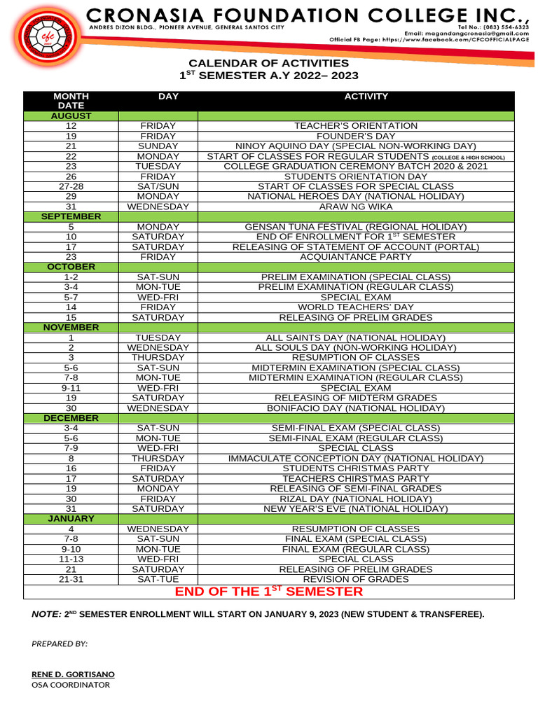 2022-2023 1st Semester Activity Calendar | PDF | Academic Term | Holidays