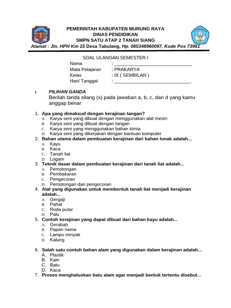 Soal Ulangan Prakarya Ulangan Sem 1 Kelas Viii | PDF