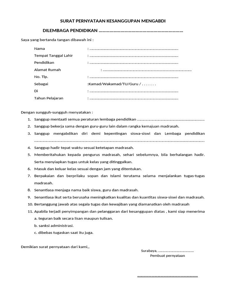 SURAT PERNYATAAN KESANGGUPAN MENGABDI | PDF