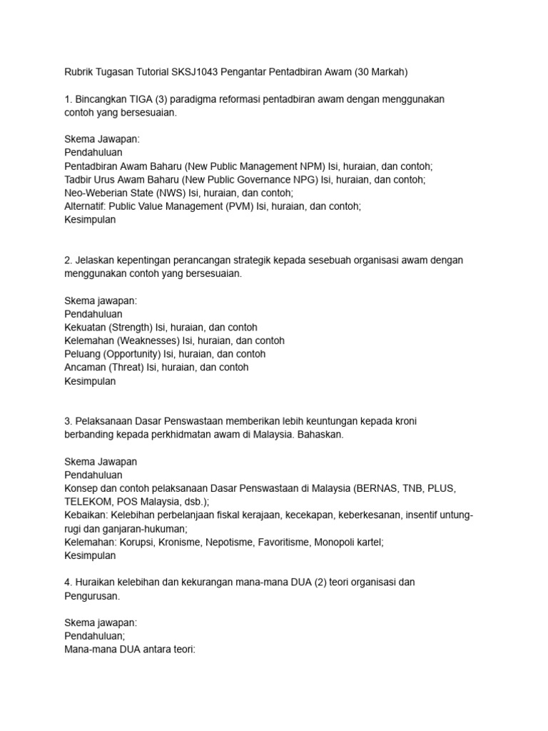 Rubrik Tutorial SKSJ1043 Pengantar Pentadbiran Awam (30 Markah) | PDF