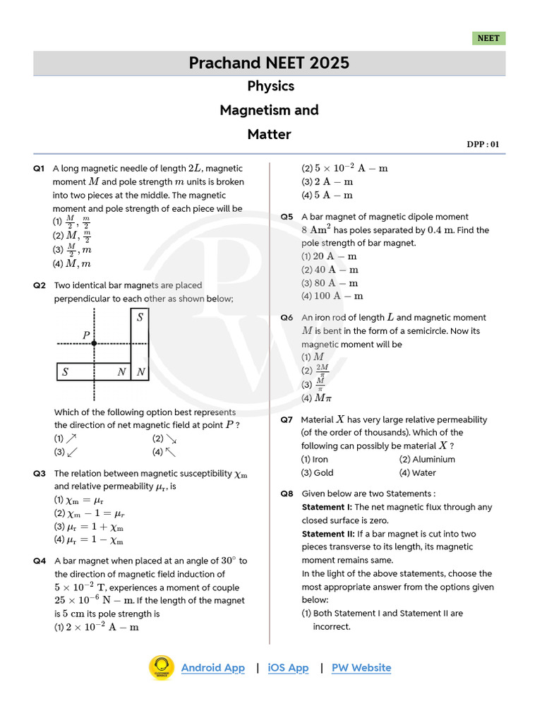 Magnetism and Matter - DPP 01 - Prachand NEET 2025 | PDF | Magnetism ...