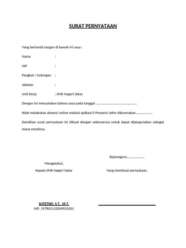 Format Surat Pernyataan Tidak Absen Tanpa Ijin | PDF