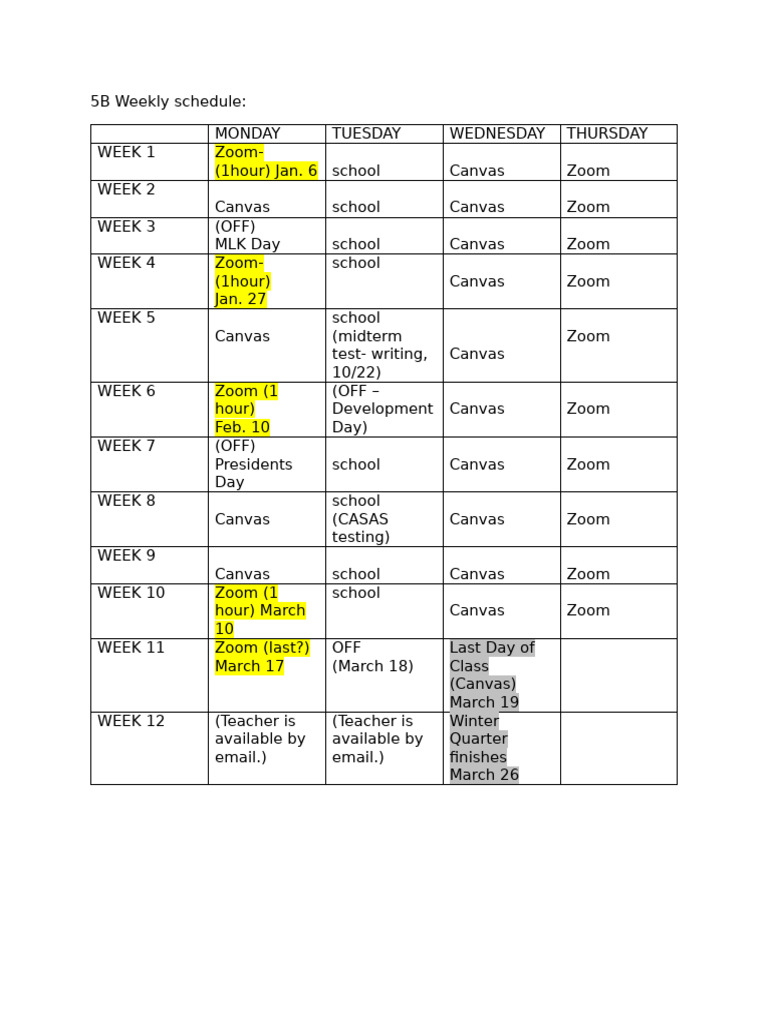 5B Weekly Schedule W25-1 | PDF