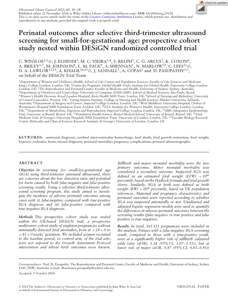 Ultrasound in Obstet Gyne - 2024 - Winsloe - Perinatal Outcomes After ...