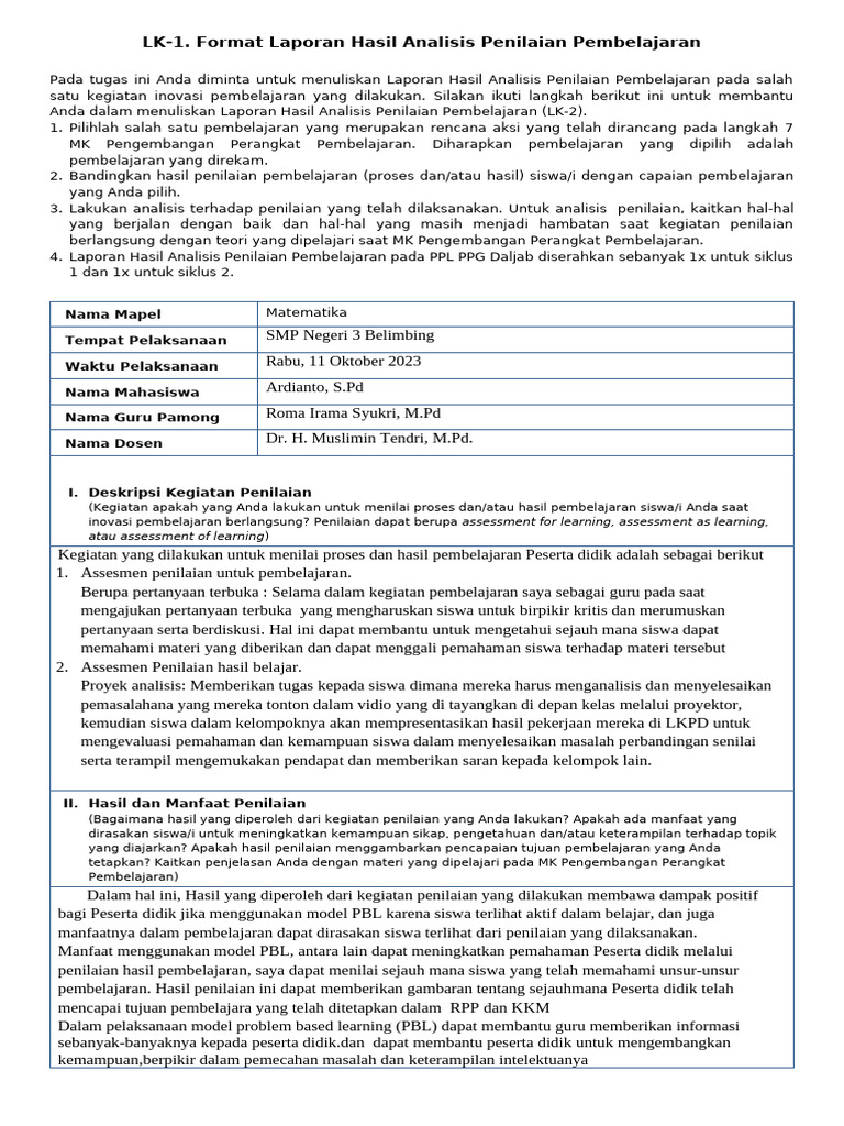 Format Hasil asesmen pembelajaran PPL PPG Ardi | PDF