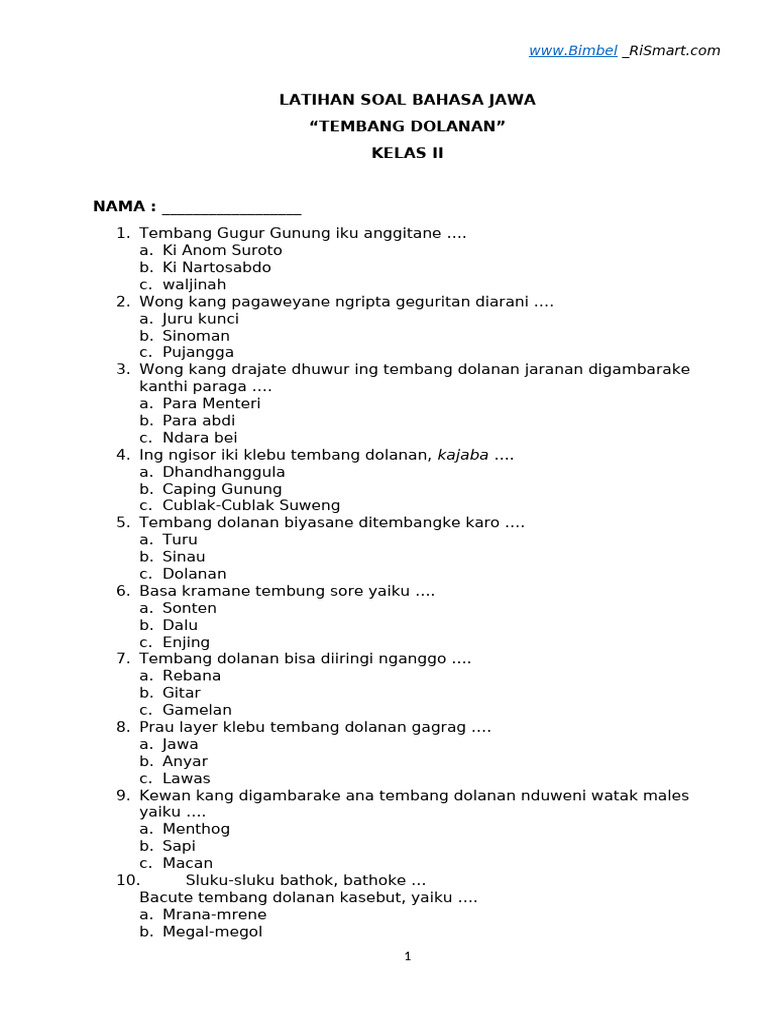 Soal Tembang Dolanan Kelas 2 SD | PDF