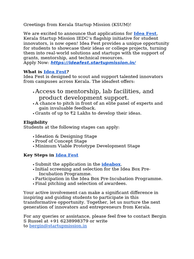 Kerala Idea Fest 2023: Student Innovators Apply Now | PDF