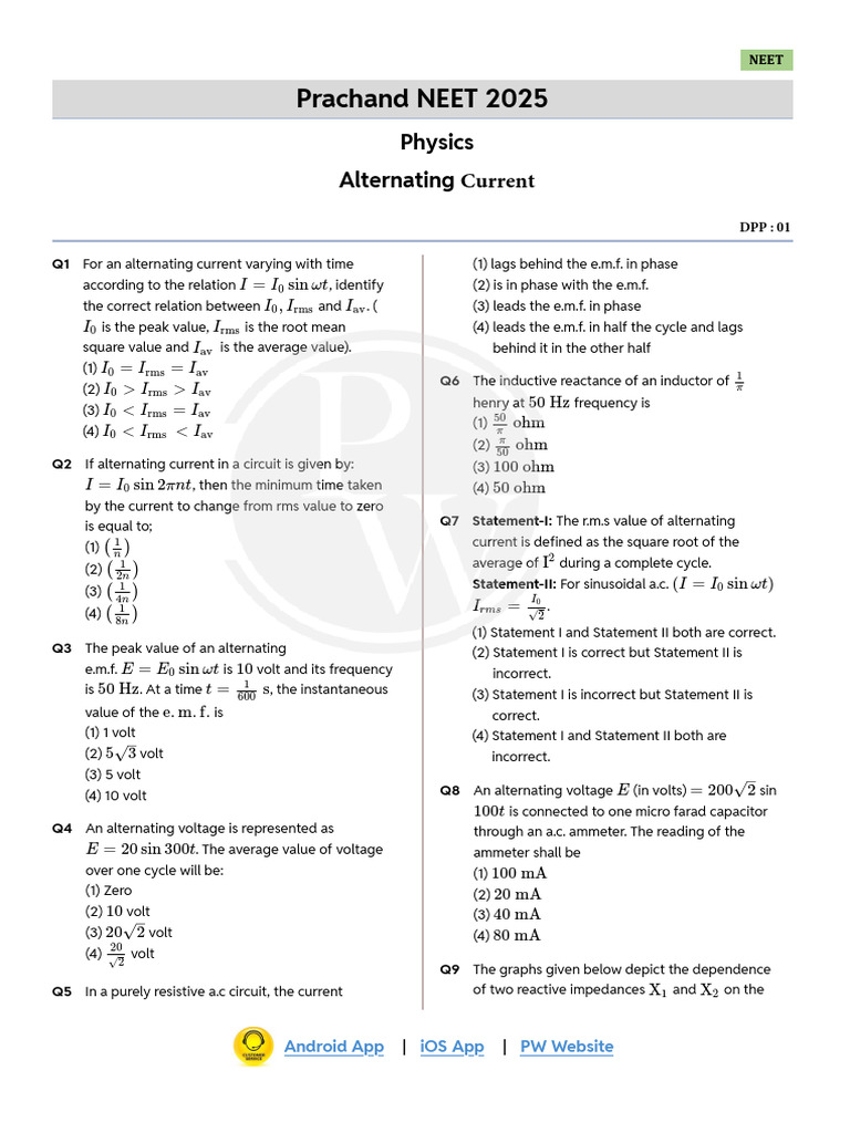 Alternating Current - DPP 01 - Prachand NEET 2025 | PDF | Inductor | Alternating Current
