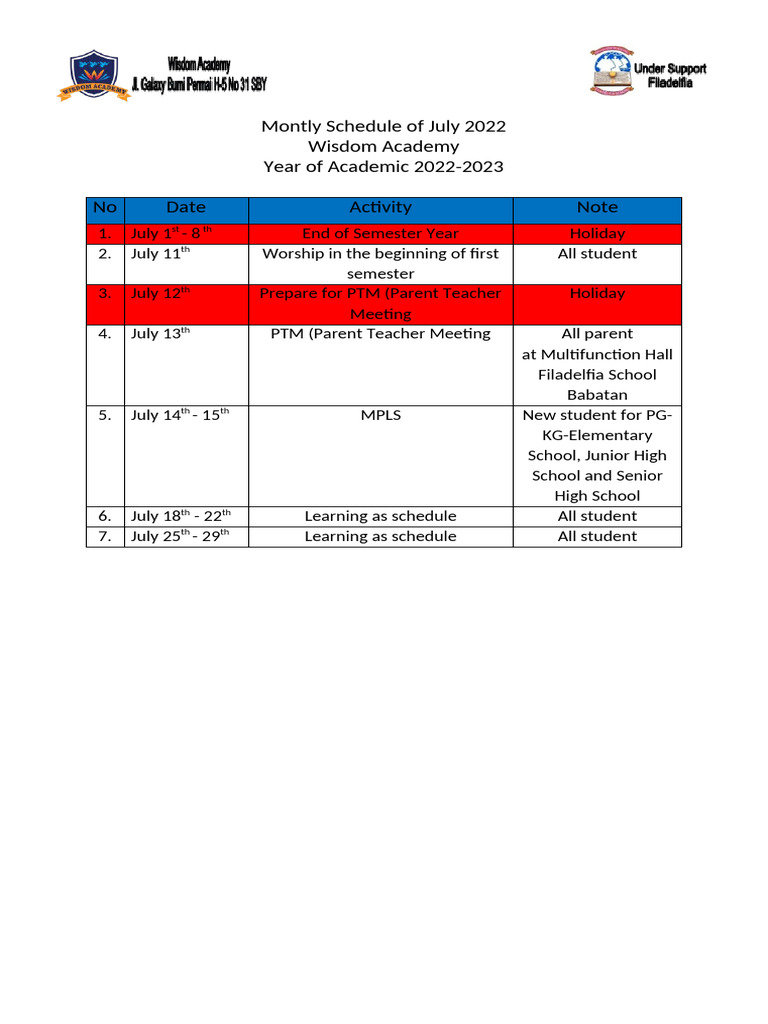 Montly Schedule of July 2022-Voca | PDF