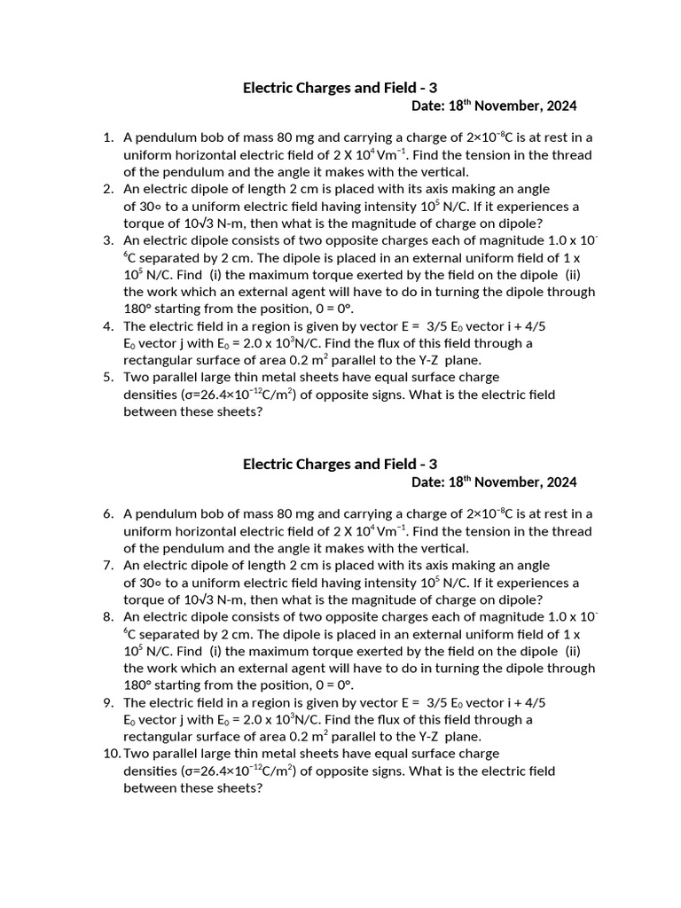 Electric Charges and Field Worksheet - 3 | PDF | Electric Field | Metrology