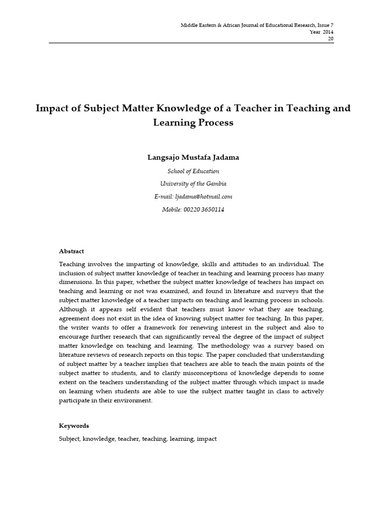 Arastirmax Impact Subject Matter Knowledge Teacher Teaching and ...