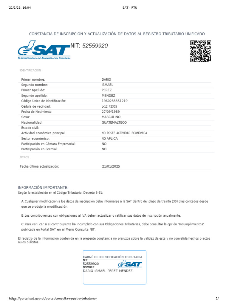 Portal SAT _ Impresión de RTU - Guatemala Mario (1) | PDF | Gobierno ...