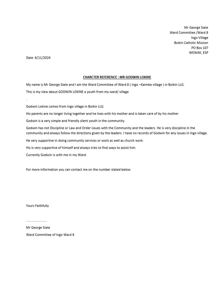 Charcter Reference Godwin Lokine | PDF