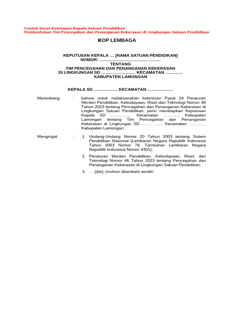 Template SK Kepala Satuan Pendidikan Pembentukan TPPK SD | PDF